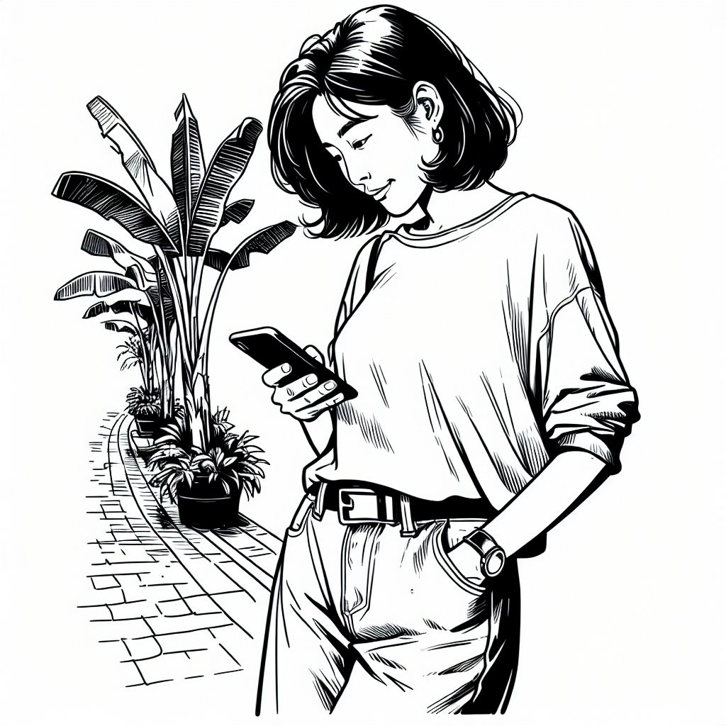 Middle-Aged Asian Female Using Mobile Phone - Line Drawing | AI Art ...