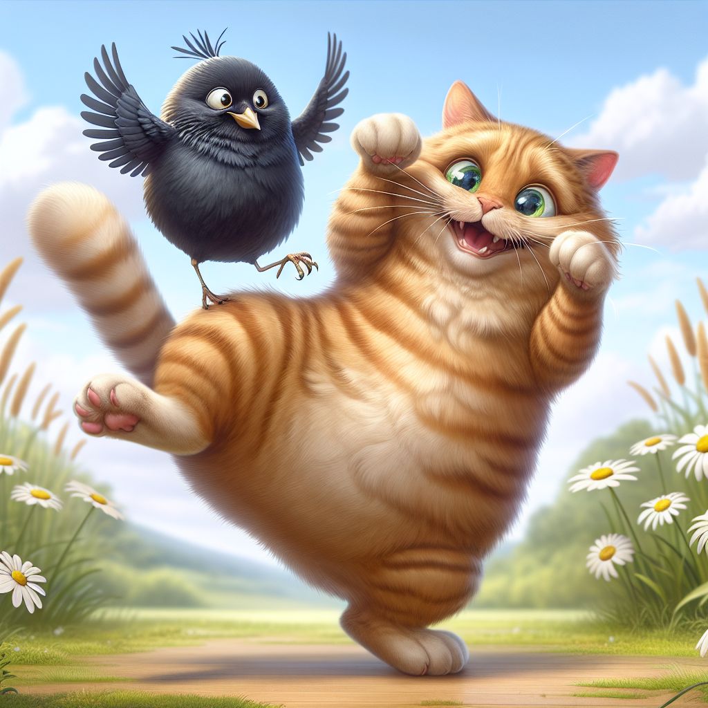 Joyful Orange Tabby Cat Dancing with a Bird in a Garden Scene | AI Art ...