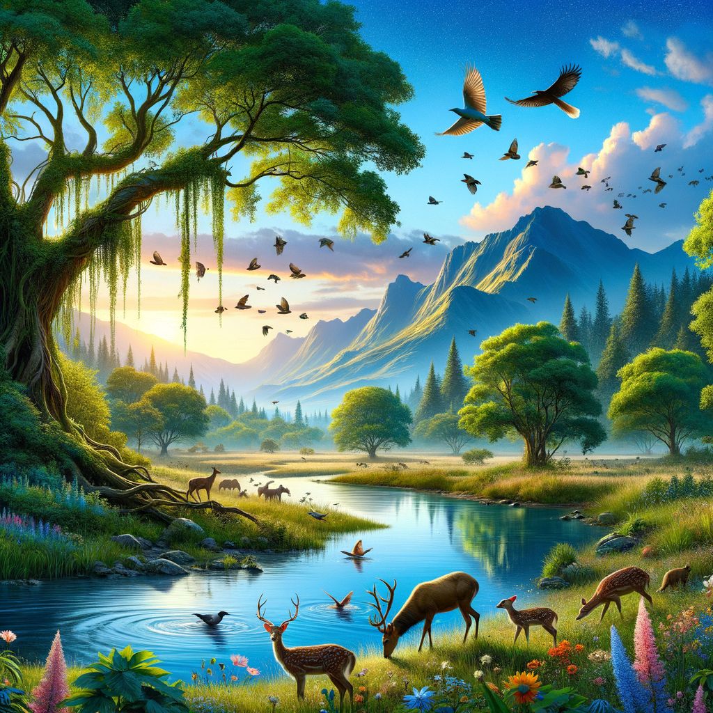 Serene Wild Natural Landscape with Verdant Trees, River, and Mountains ...