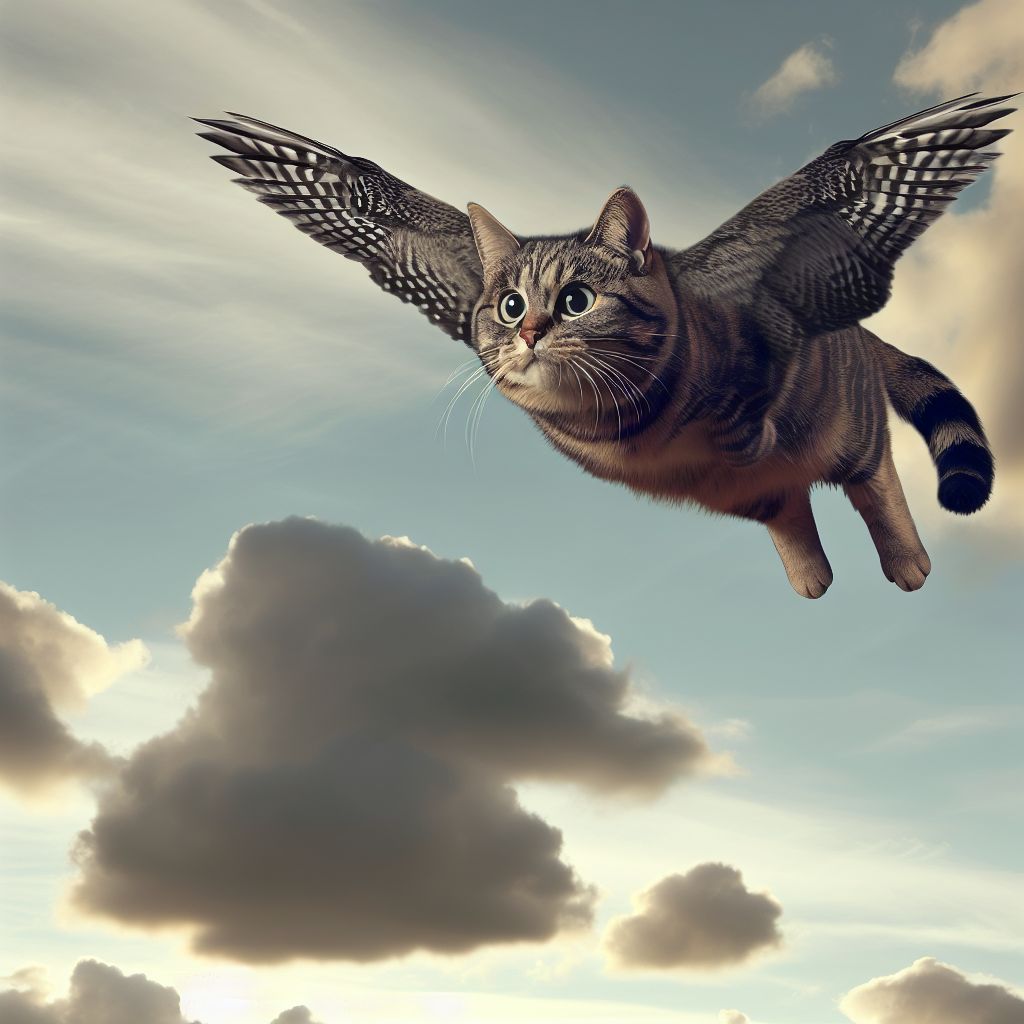 Flying House Cat: Whimsical Image of Surprising Feline Feat | AI Art Generator | Easy-Peasy.AI