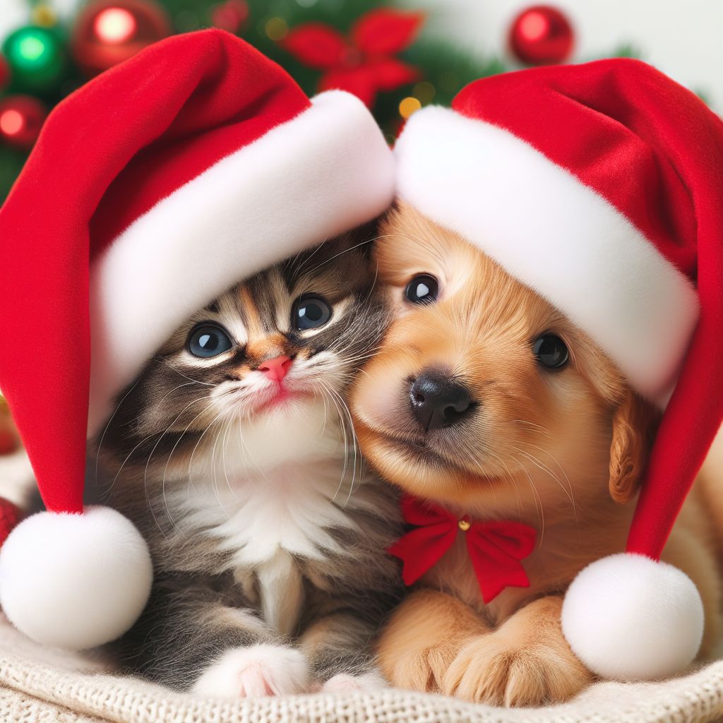 Tender Kitten and Puppy in Christmas Hats | Cute Holiday Pets | AI Art ...