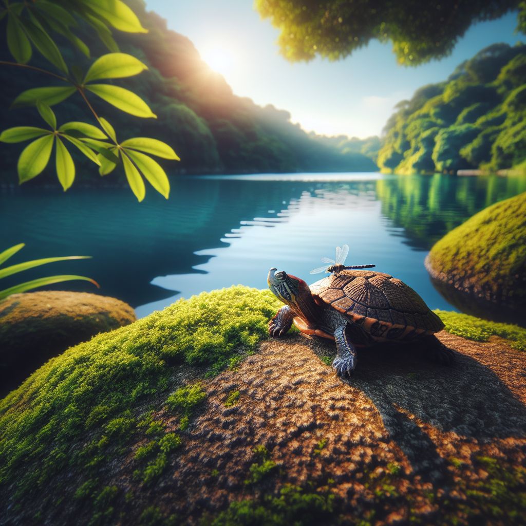Tranquil Turtle on Mossy Rock by Blue Lake | Serene Nature Scene | AI ...
