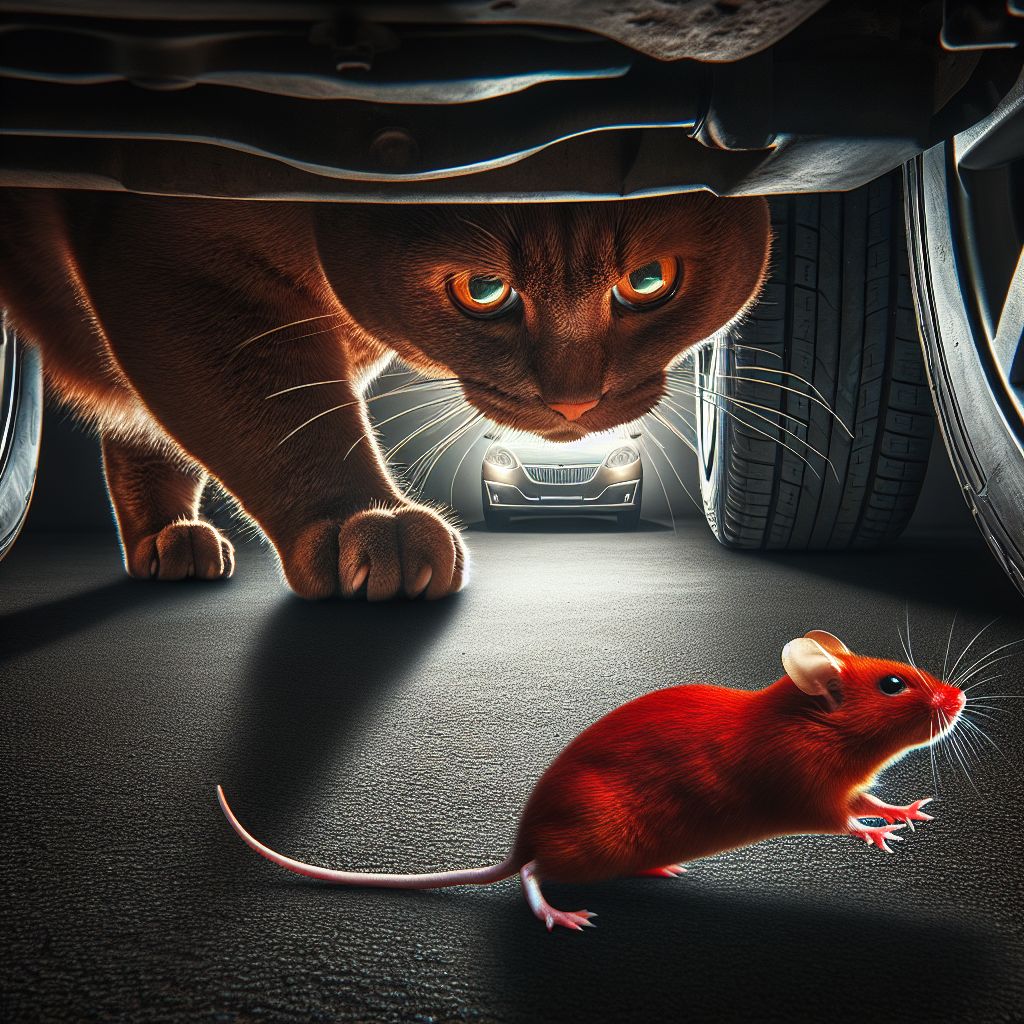 Fierce Feline Hunting Red Rodent - Under Car Shadow | AI Art Generator ...