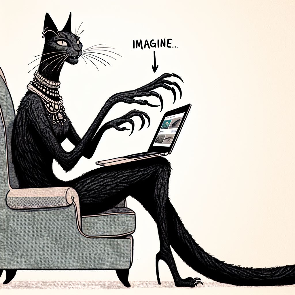 Feline-Human Hybrid Figure in Black Fur on Armchair with Laptop | AI ...