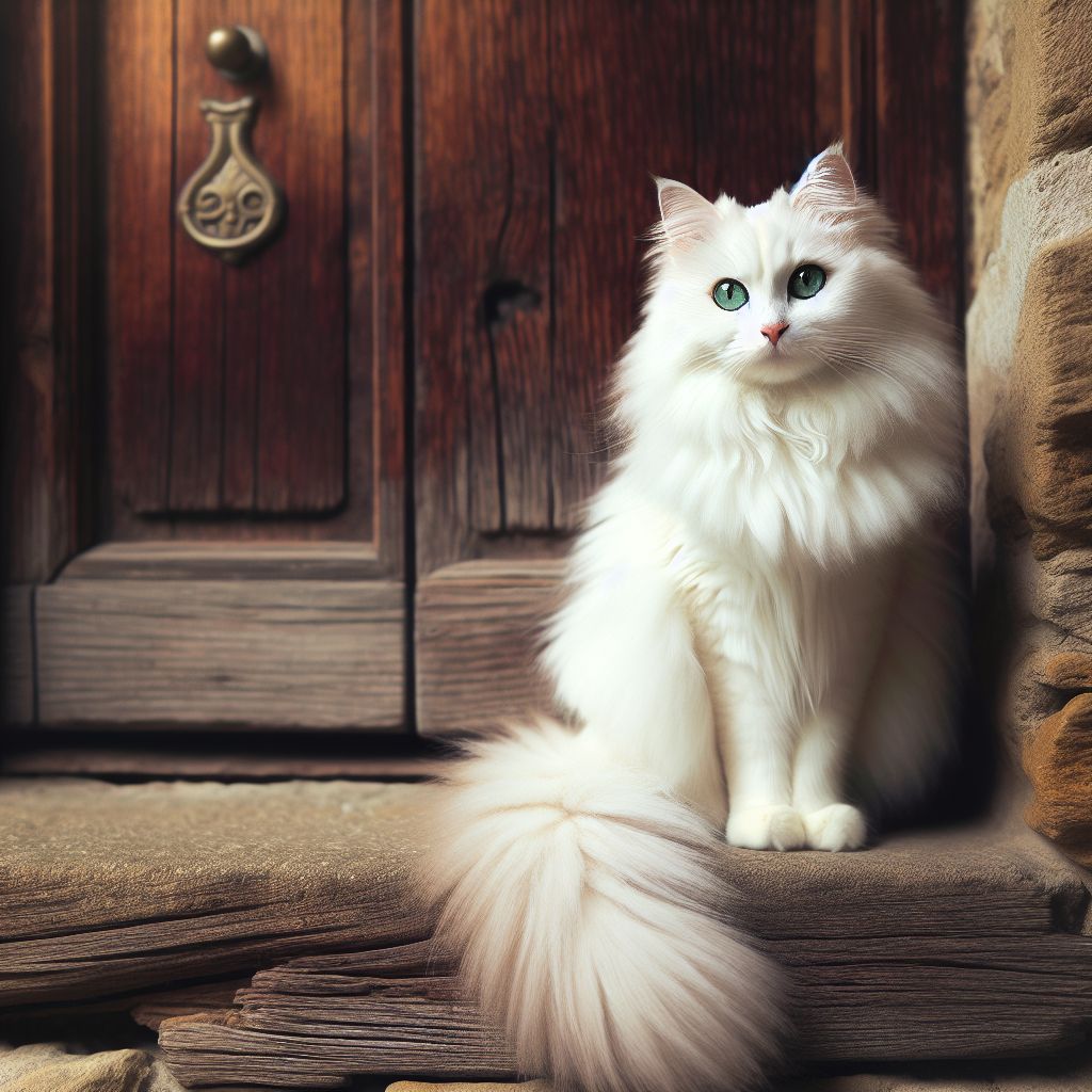 Elegant White Cat by Rustic Wooden Door | AI Art Generator | Easy-Peasy.AI