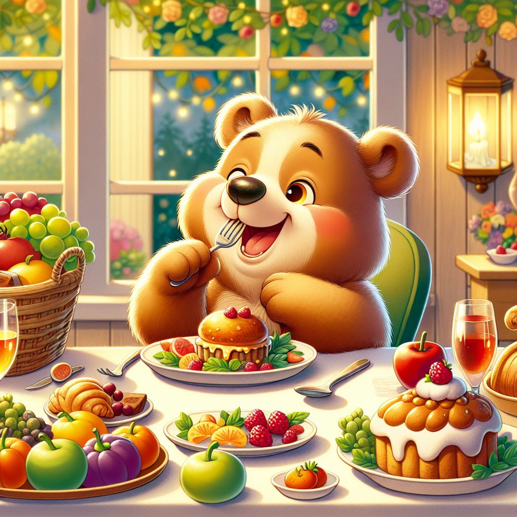 Adorable Cartoon Bear Enjoying Hearty Meal | Whimsical Dining Scene ...