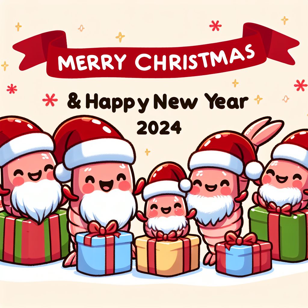 Merry Christmas & Happy New Year 2024 Card with Cute Shrimp Family | AI Art Generator | Easy ...