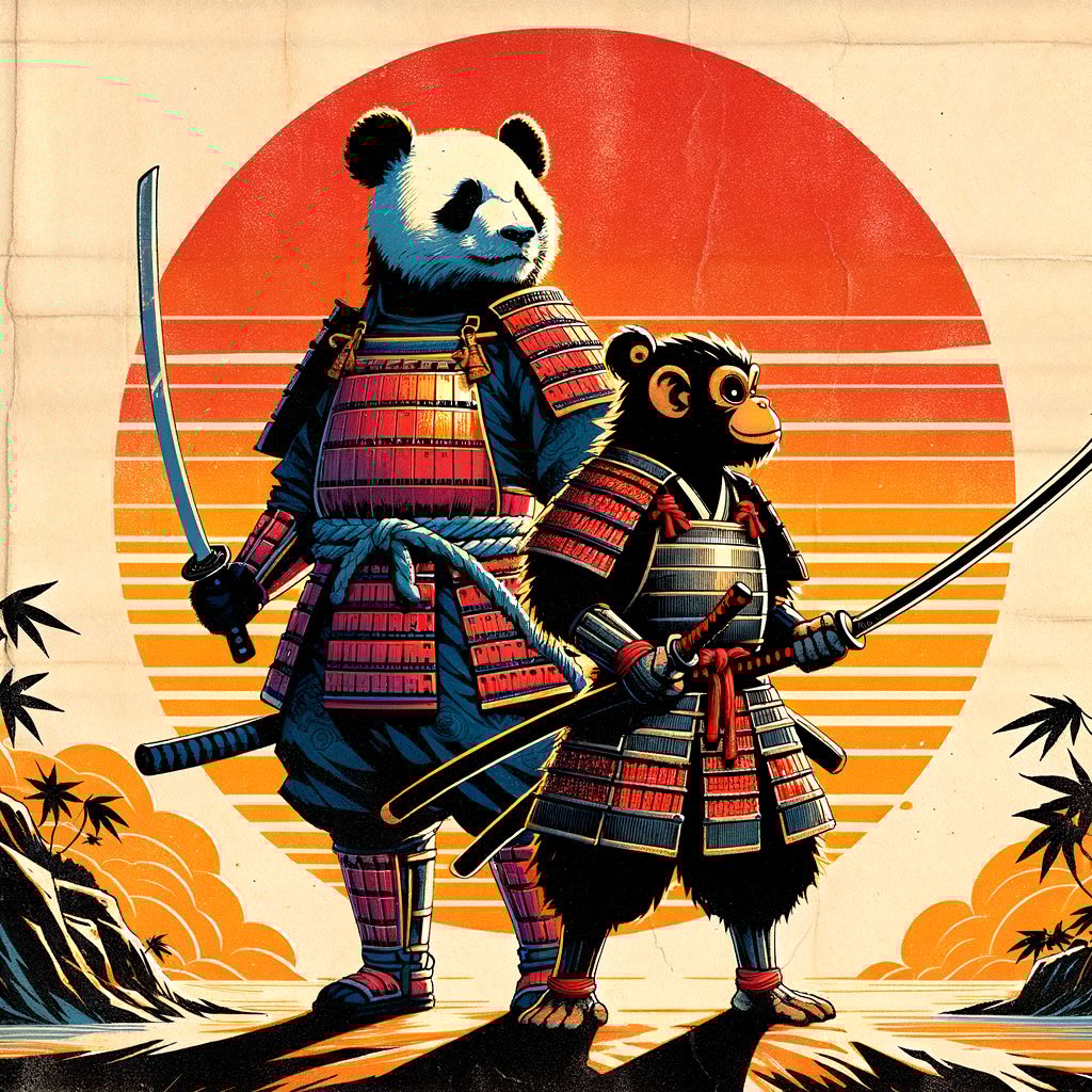 Samurai Panda and Monkey Illustration in Sunset Landscape | AI Art ...