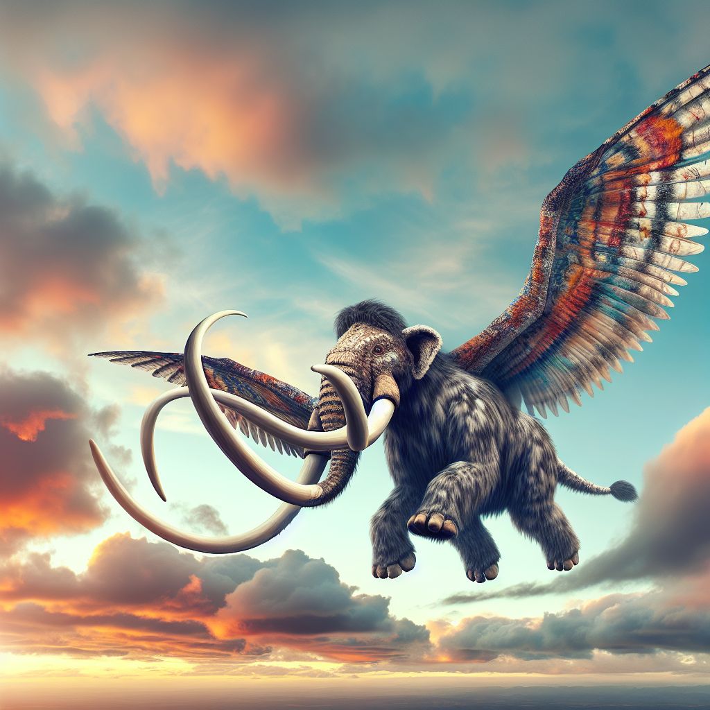 Graceful Extinct Animal with Tusks and Wings Soaring in Sunset Skies ...