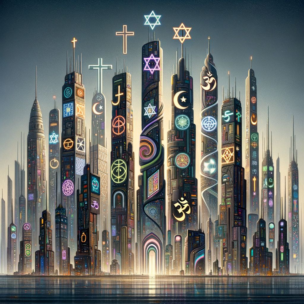 Futuristic Cityscape with Diverse Religious Symbols | Tomorrow's ...