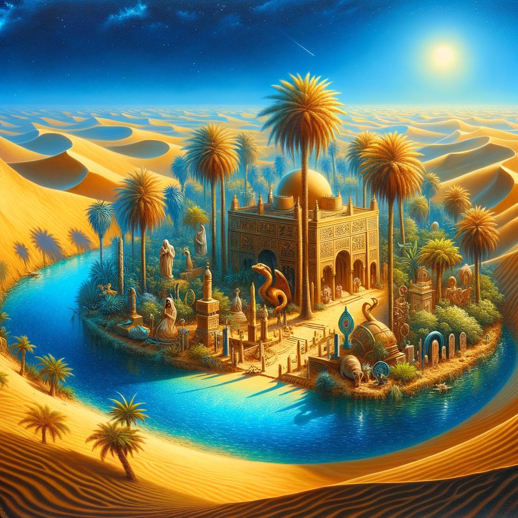 Desert Oasis Painting: Tranquil Water, Palm Trees, and Symbolic Shrine ...