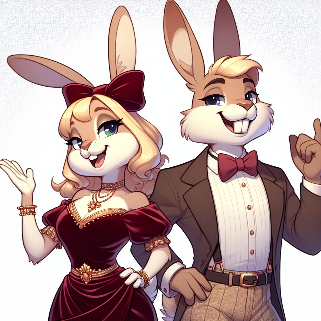 Confident Anthropomorphic Rabbit Couple in Velvet and Casual Attire ...
