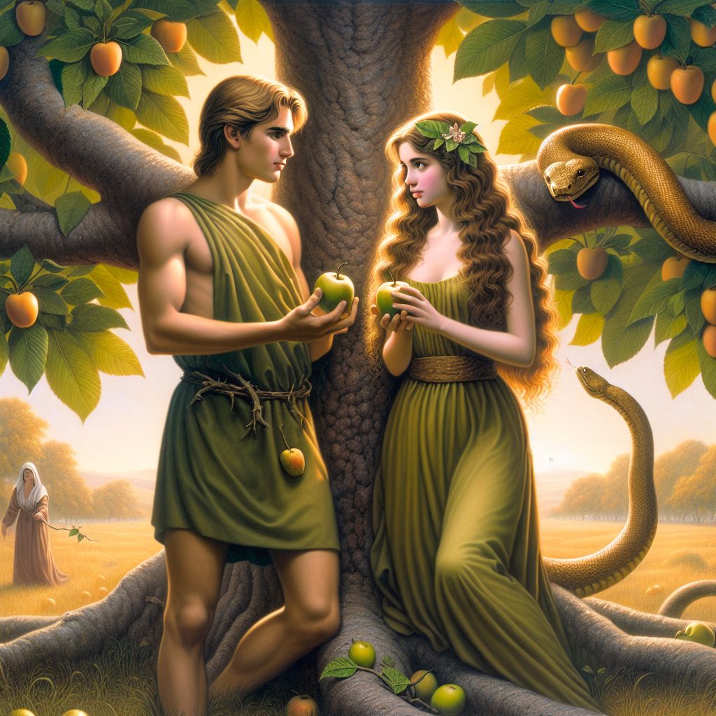 Adam and Eve Under the Majestic Tree - Biblical Symbolism | AI Art Generator | Easy-Peasy.AI