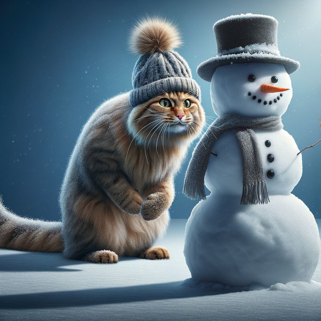 Playful Cat Sneaking Behind Snowman - Winter Photorealism Image | AI ...