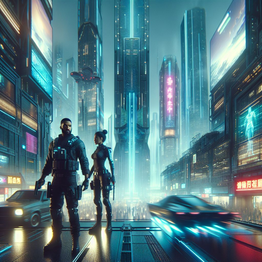 Futuristic City Action Scene with Diverse Characters | Tech Thriller ...