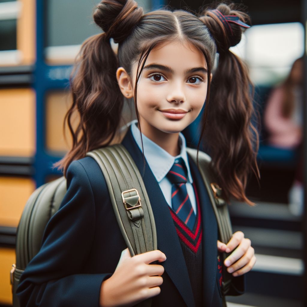 Middle Eastern School Girl With Space Buns School Bus Exit Ai Art Generator Easy Peasyai
