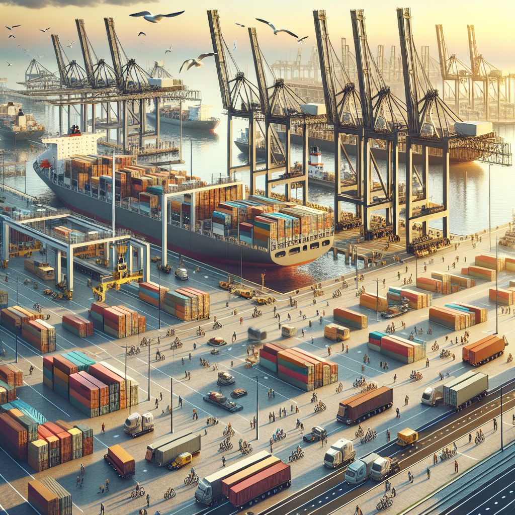 Bustling Port Terminal with Ships, Cranes, and City Vista | AI Art ...