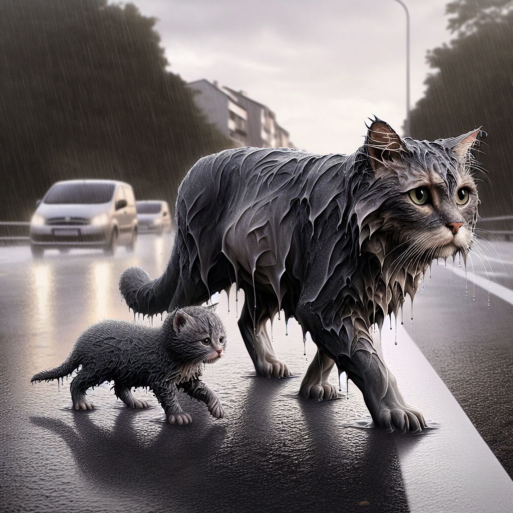 Realism Art: Melancholy Scene of Wet Cat and Kitten in High-Resolution ...