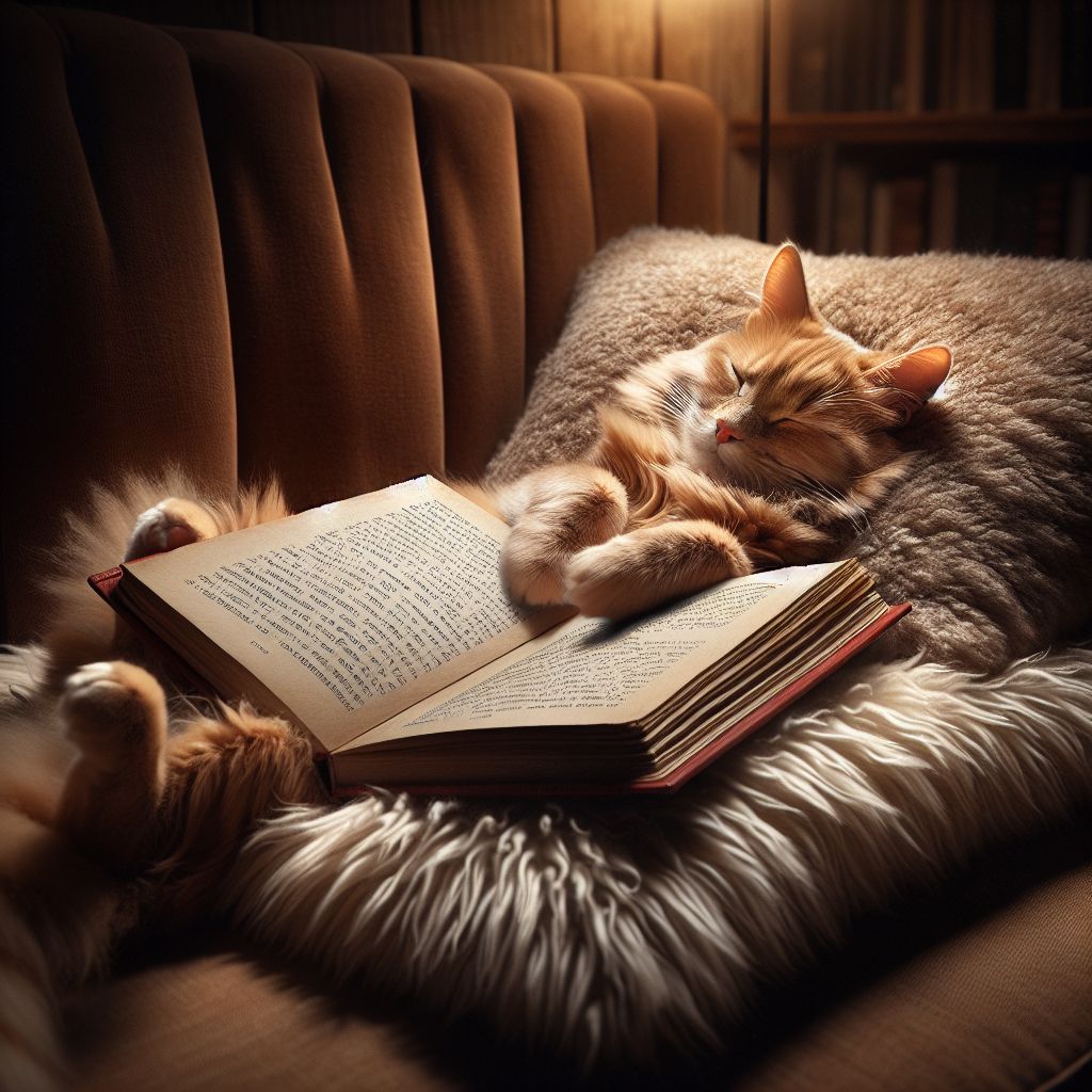 Intelligent Orange Cat Reading Book on Plush Cushion | AI Art Generator ...