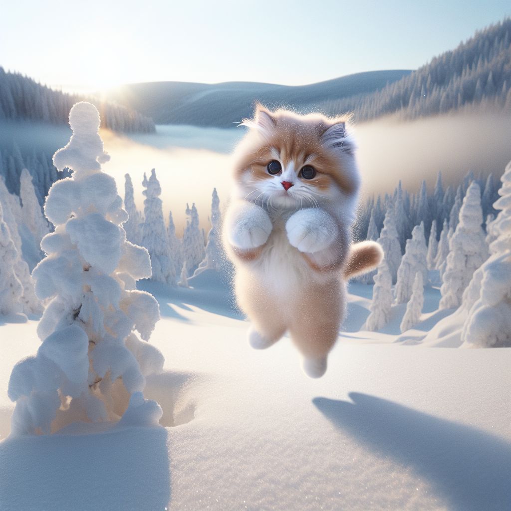Adorable Cat Leaping in Snowy Landscape | AI Art Generator | Easy-Peasy.AI