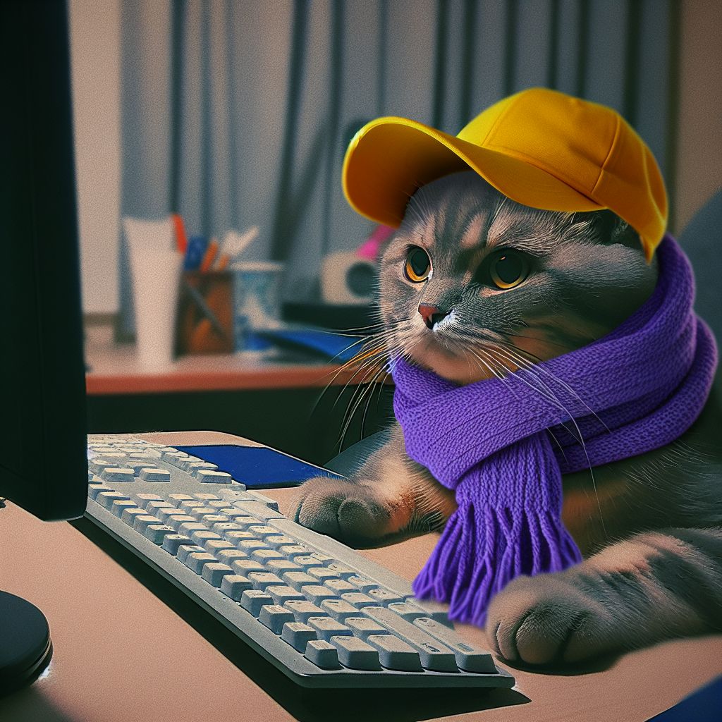 Grey Cat in Purple Scarf with Yellow Cap at Computer | AI Art Generator ...