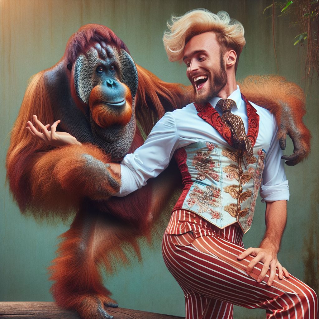 Male Orangutan Playful Interaction with Flamboyant Man | AI Art ...
