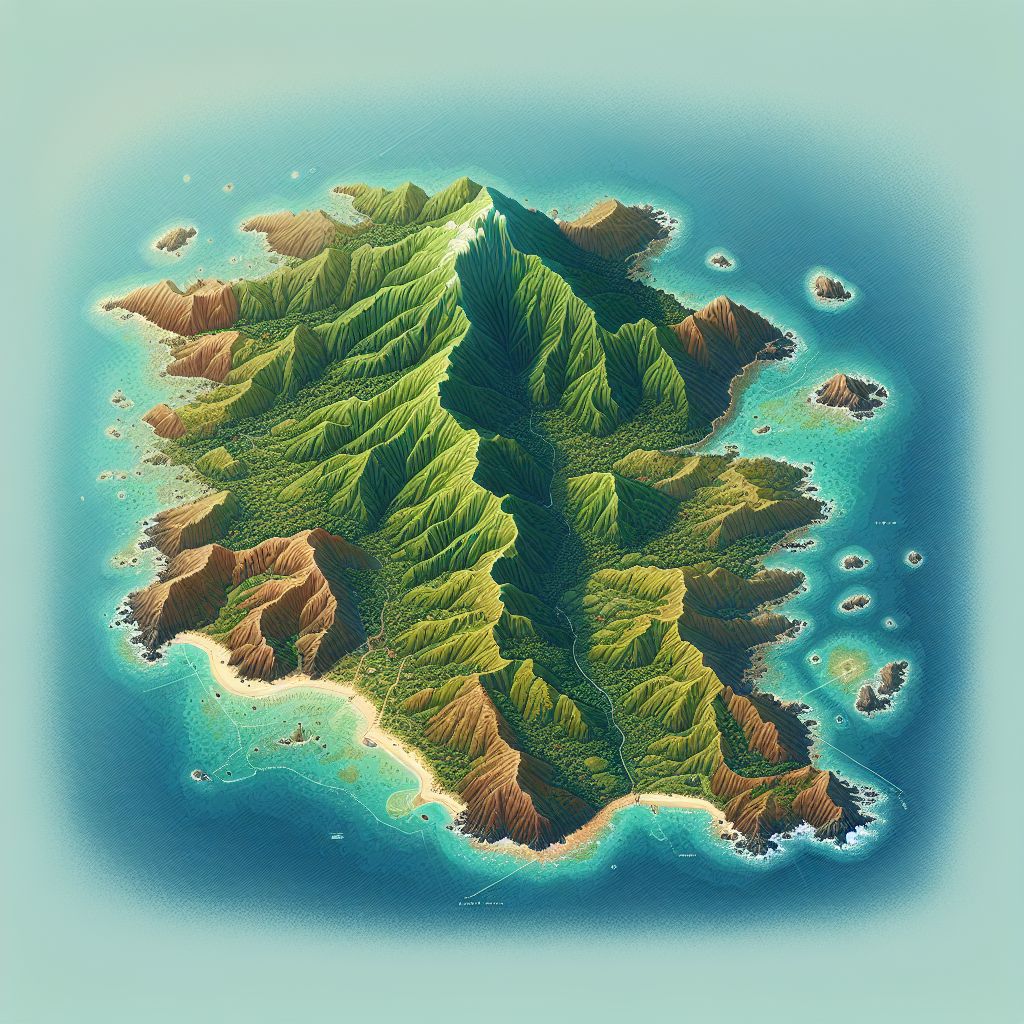 Mid-Size Pacific Island Topographical Map with Lush Vegetation and ...