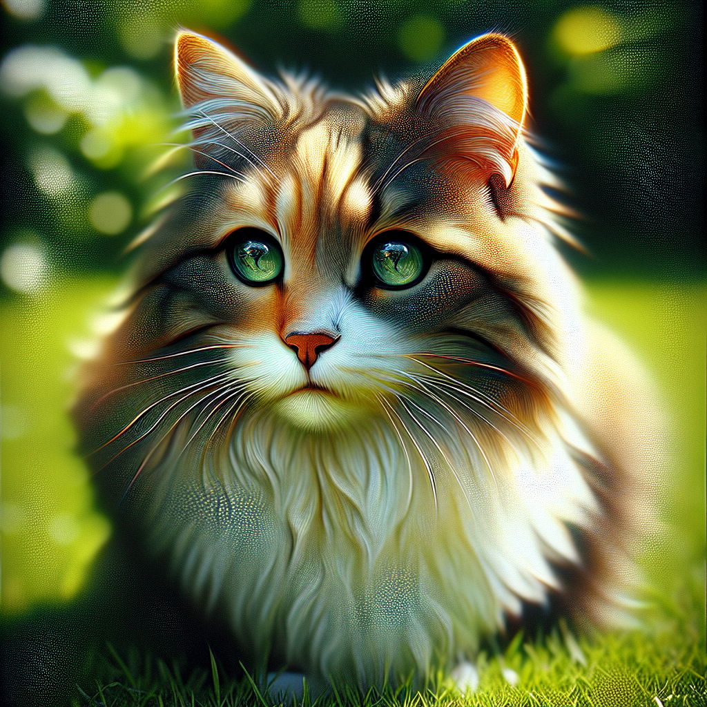 Colorful Furry Cat Sitting on Green Lawn | AI Art Generator | Easy-Peasy.AI