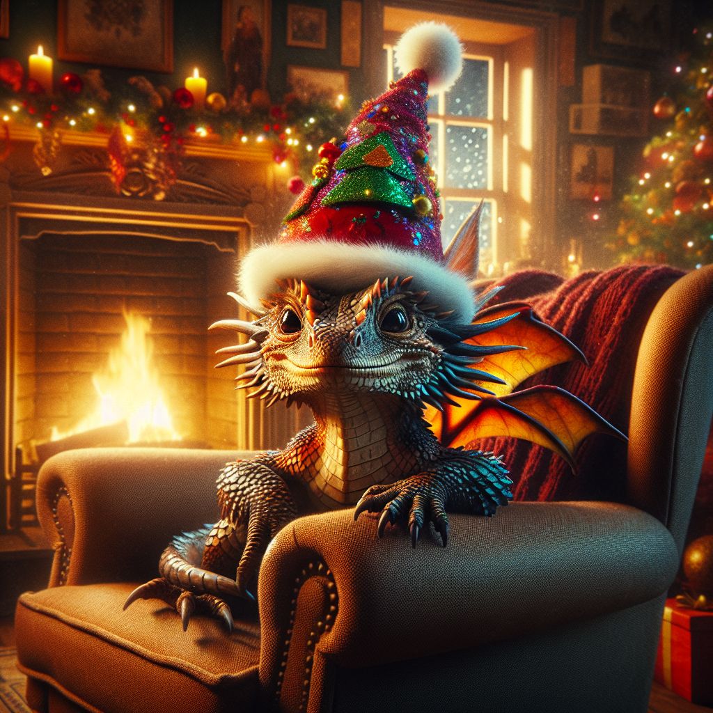 Festive Dragon in Cozy Armchair by Fireplace | New Year Charm | AI Art ...