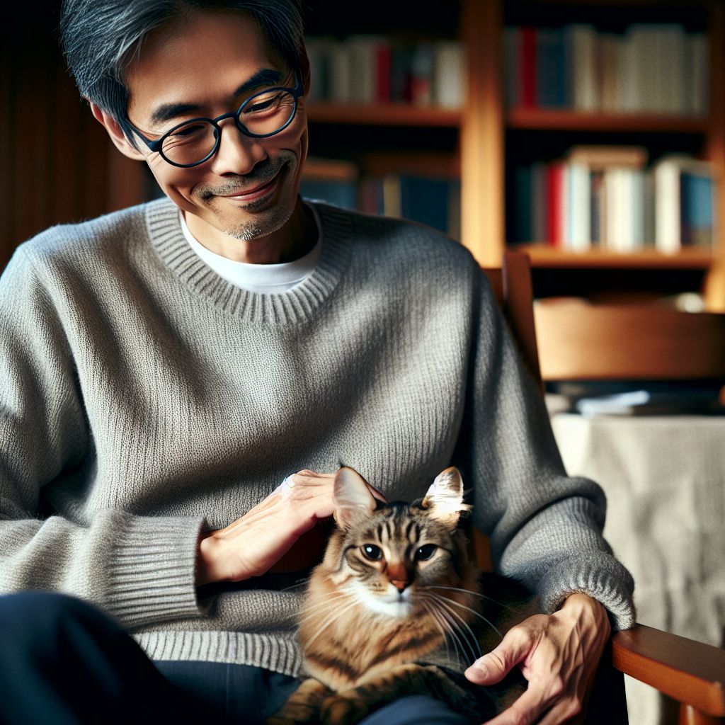 Asian Man with Cat on Lap - Heartwarming Moment | AI Art Generator ...