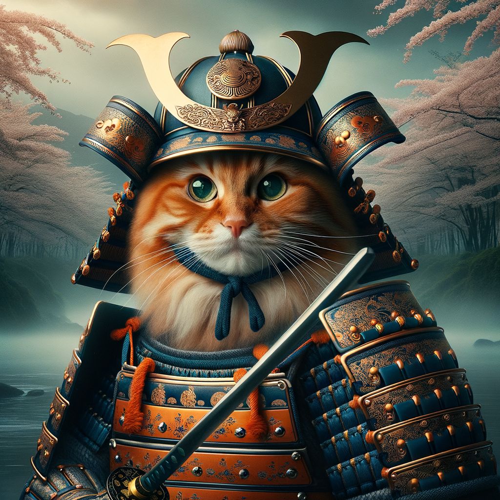 Samurai Cat - Vibrant Orange Feline in Ornate Armor | AI Art Generator ...