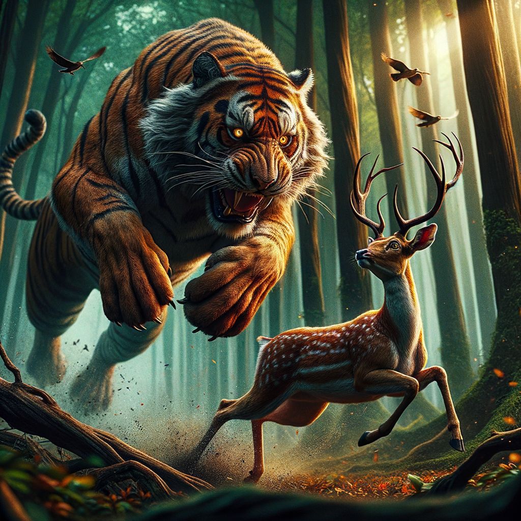 Dramatic Tiger vs Deer Action Scene in Dense Forest | AI Art Generator ...