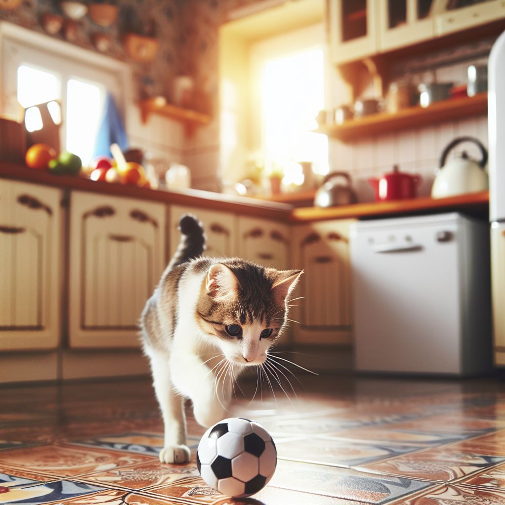 Domestic Cat Playing Football in Vibrant Kitchen Scene | AI Art ...
