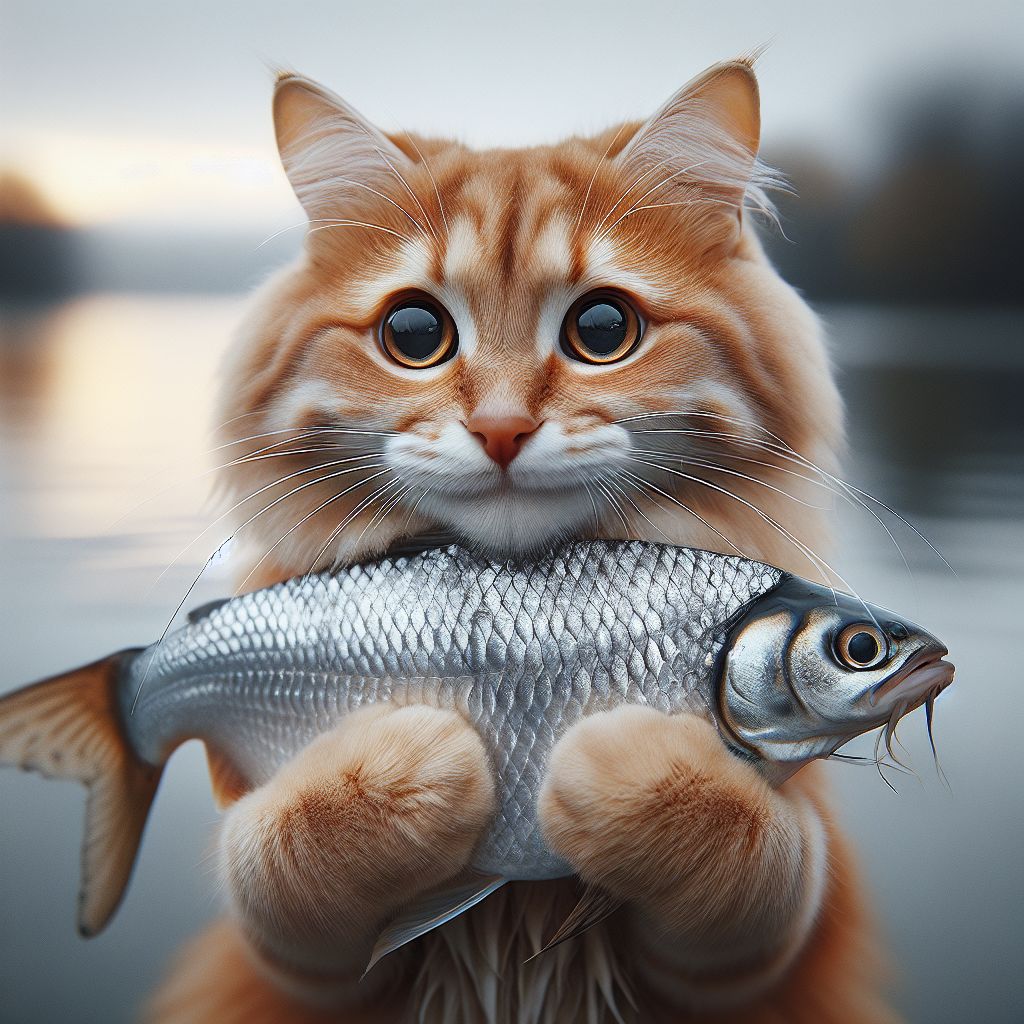 Majestic Ginger Cat Holding Shimmering Silver Fish | AI Art Generator ...