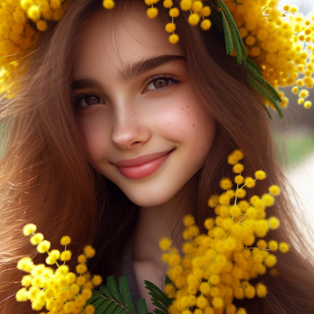 Eastern European Girl with Mimosa Flower Wreath | Spring Joy | AI Art Generator | Easy-Peasy.AI
