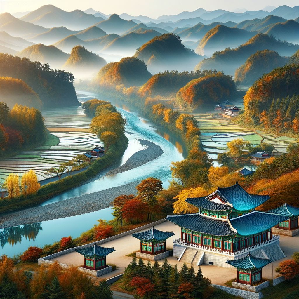 Scenic View of Serene Rivers and Forested Mountains in North Korea | AI ...