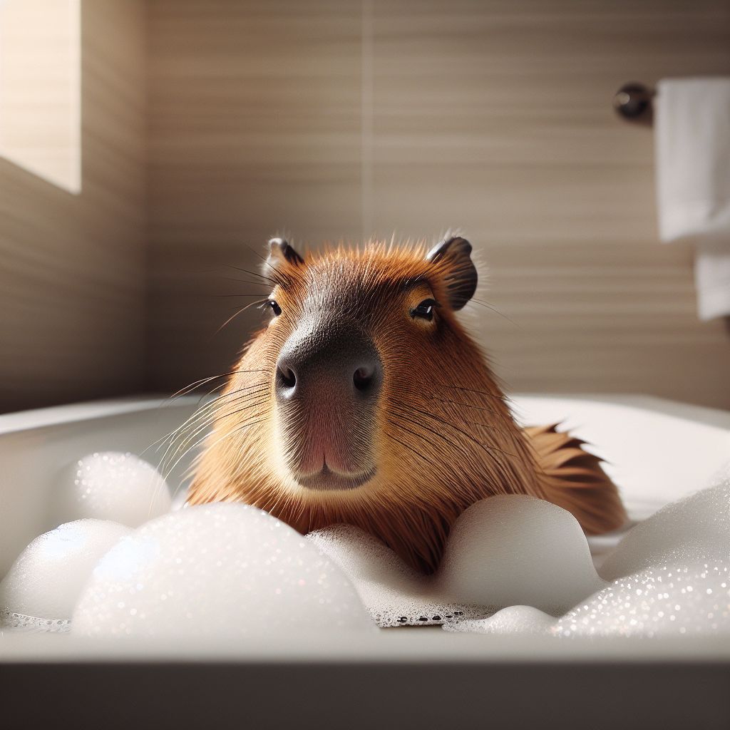 Tranquil Capybara Bathing | Relaxing Bubble Soak Photo | AI Art ...