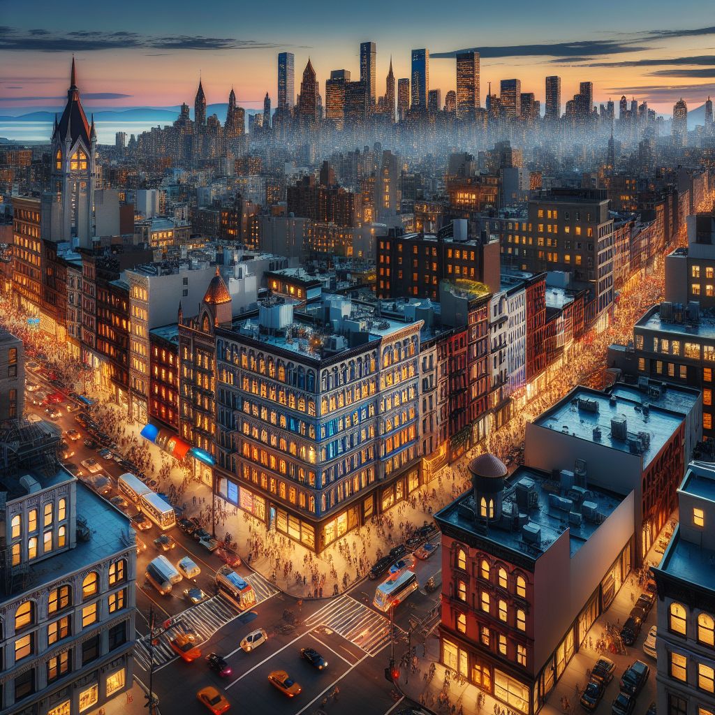 Twilight Cityscape with Diverse Architecture and Lively Streets | AI ...