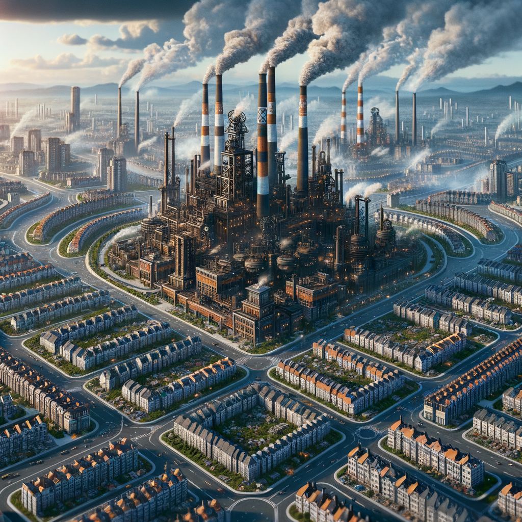 Industrial Era Cityscape with Diverse Community | Urban Factory Hub ...