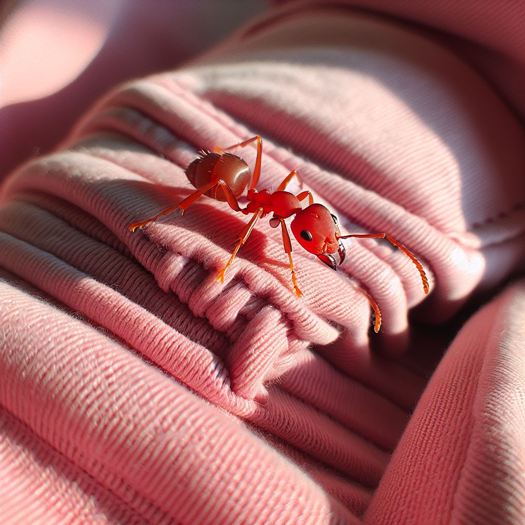 Vivid Red Ant Crawling on Soft Pink Pants | AI Art Generator | Easy ...