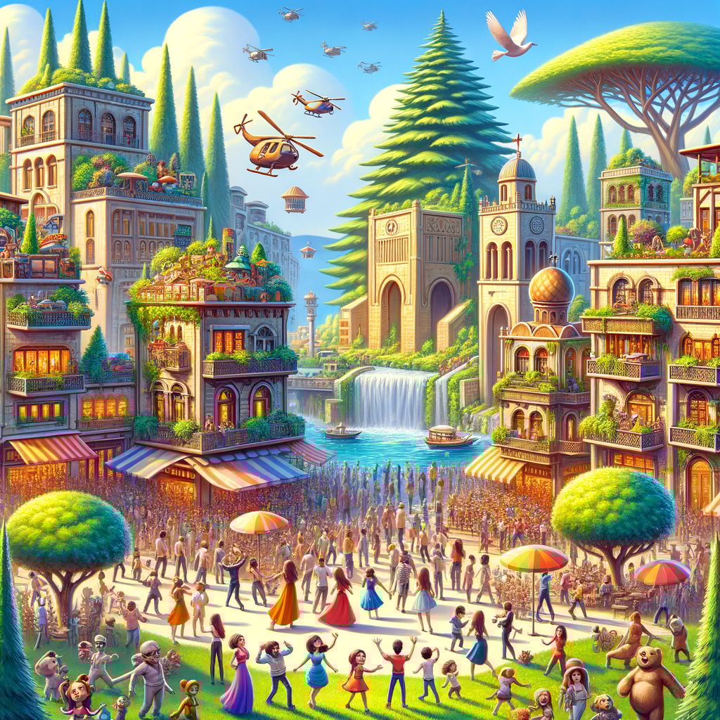 Whimsical Animated Fantasy of Lebanon - Joyful City Life | AI Art Generator | Easy-Peasy.AI
