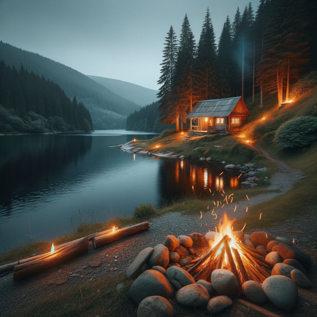 Tranquil Lake Cabin with Bonfire | Peaceful Retreat | AI Art Generator ...