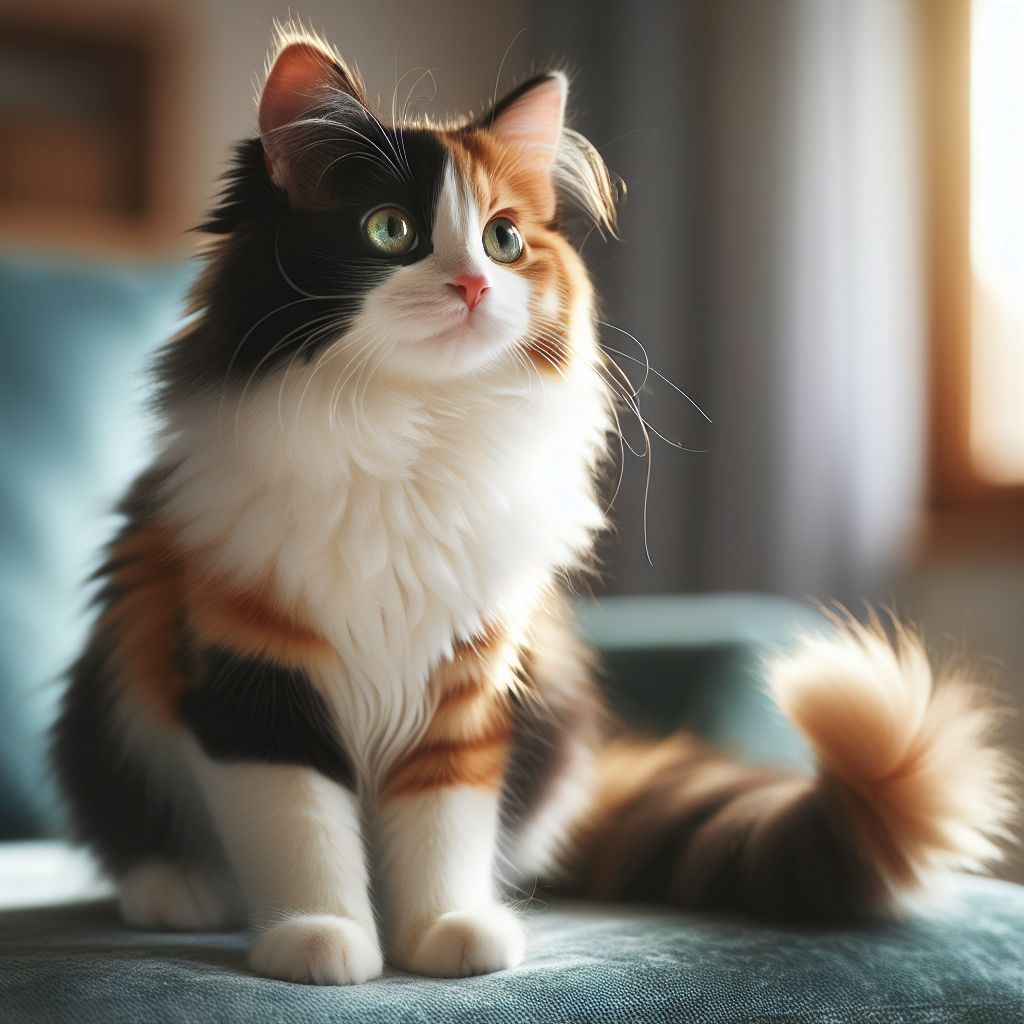 Domestic Medium-Haired Calico Cat on Teal Couch | AI Art Generator | Easy-Peasy.AI