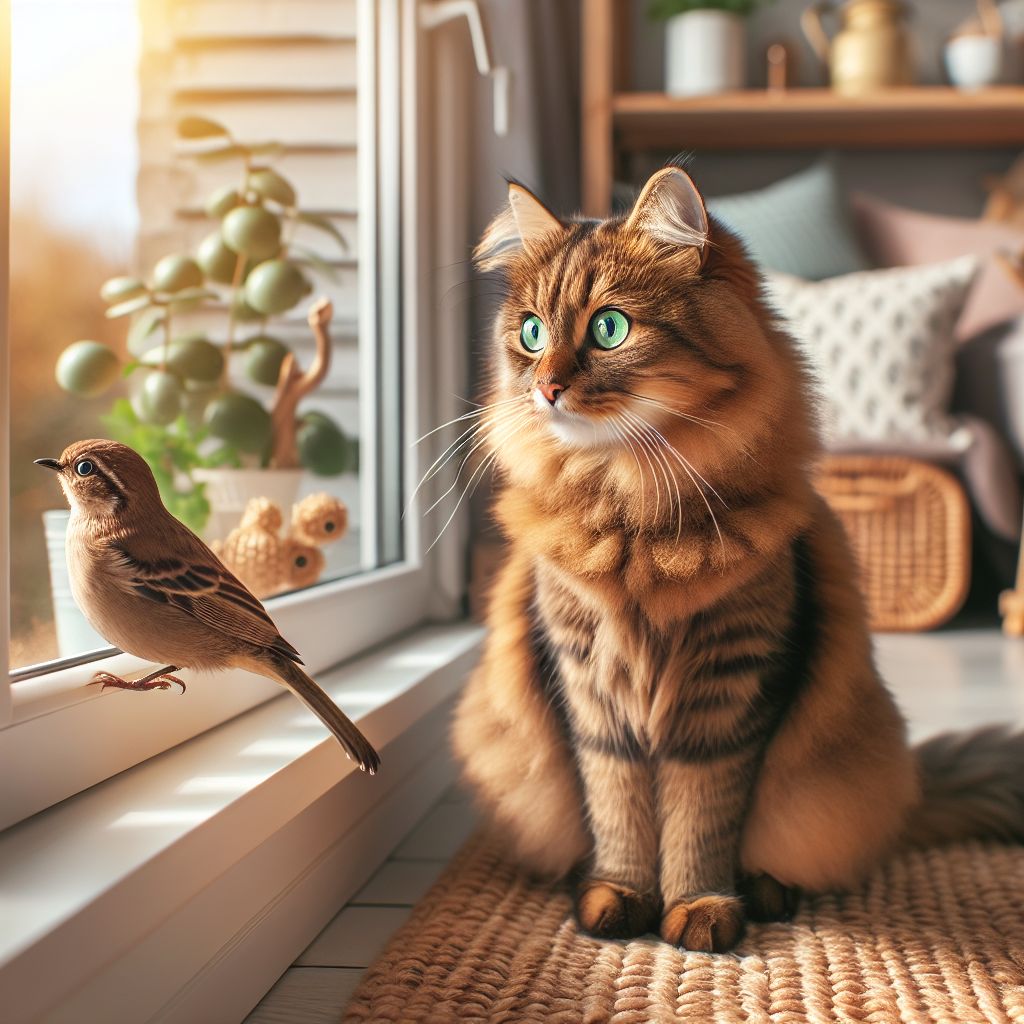 Brown Furry House Cat with Green Eyes by Window | Cozy Home Scene | AI ...